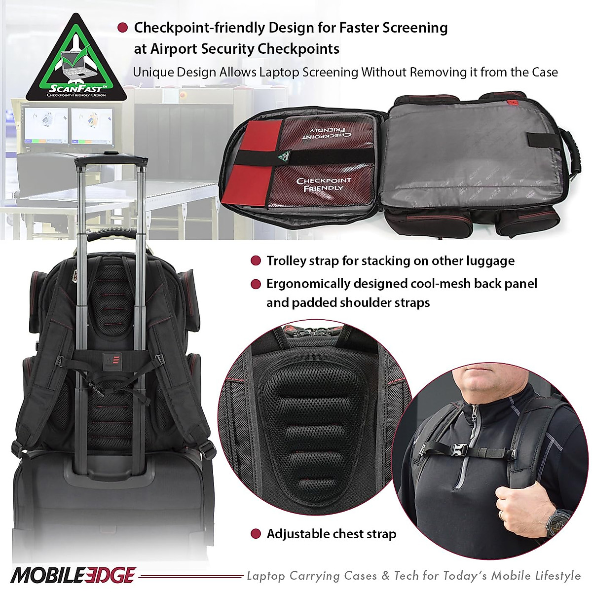 Core Gaming Laptop Backpack From Mobile Edge Core Gaming, 17.3 Inch, External USB 3.0 Quick-Charge Port w/Built-in Charging Cable, Patch Panel - Black w/Red Trim - MECGBPV1