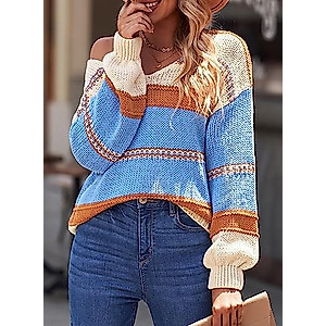 EVALESS Womens Long Sleeve V Neck Knit Striped Fall Winter Sweaters Pullover 2023 Oversized Chunky Color Block Casual Loose Cropped Tops,Orange M