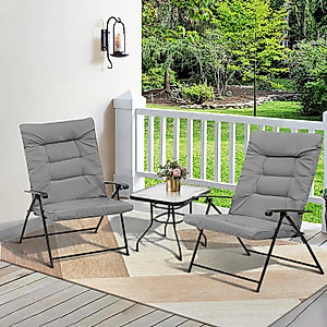 Oakcloud 3-Piece Patio Bistro Set Padded Folding Chair Set Adjustable Reclining Lounge Chairs with Cushion & Tempered Glass Coffee Table, Grey