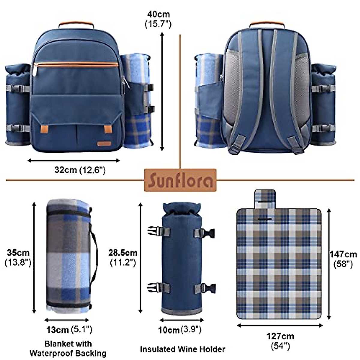 Sunflora Picnic Backpack for 2 Person Set Pack with Insulated Waterproof Pouch for Couple Outdoor Camping (Navy)