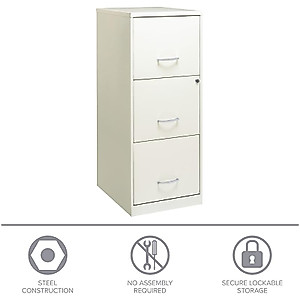 Scranton & Co 18" Deep 3 Drawer Metal Vertical File Cabinet, Letter Size, Locking, Home Office, in Pearl White