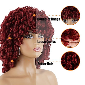 PHOENIXFLY Red Curly Wigs for Black Women Short Loose Burgundy Curly Wigs for Women Curly Synthetic Hair Wigs Heat Resistant Hair Replacement Wigs with Wig Caps(Burgundy,Red)
