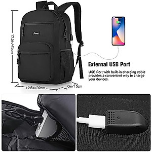 Jiauny 17 Inch School Backpack,Classic Backpack Lightweight Bookbag Scoolbag with USB Charging Port for High School Teens College Students Work Office Adult,Black