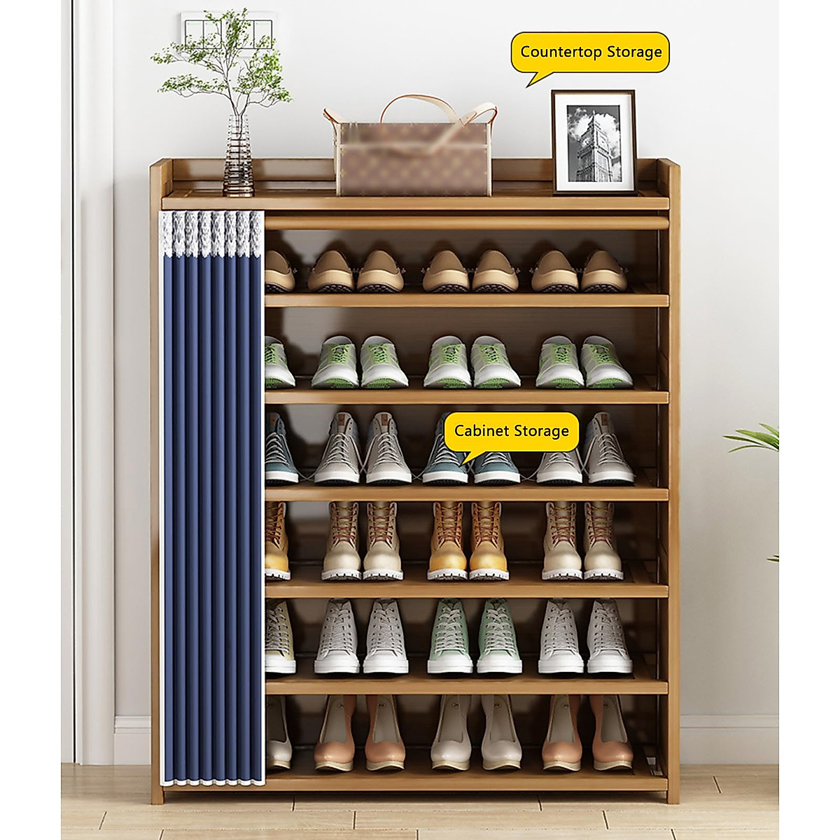 LOERSS Freestanding Organizer,6 Tiers Large Shoe Rack Shoe Storage Shoe Organizer,Shoe Rack,Storage Cabinet, 24 Pairs Shoe Rack Organizer For Entryway, With Curtain