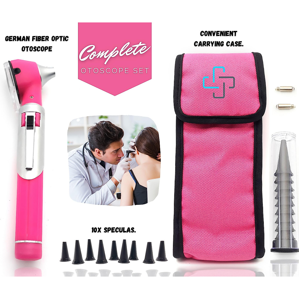 MEDCASE Radiance Otoscope - Ear Scope with LED Light and Speculum for Ear Examination and Diagnosis - Ideal for Professional use - Lifetime Warranty - Pink