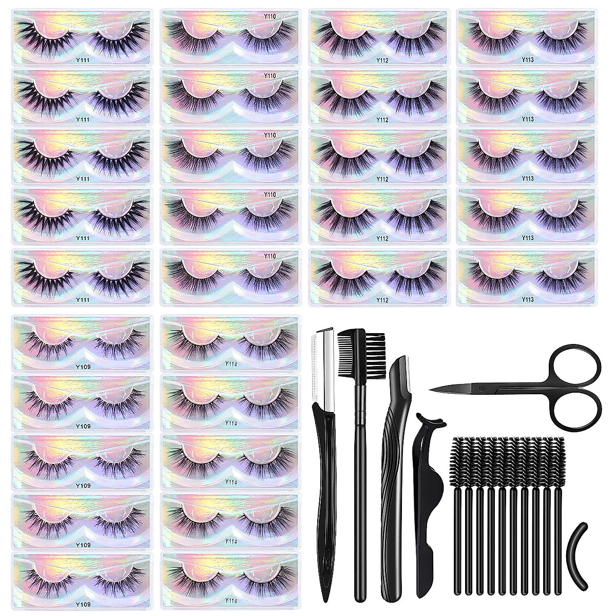 MAGEFY Lashes 30 Pairs 6 Styles Faux Mink Eyelashes, Fake Eyelashes Natural Look to Dramatic Volume False Lashes, 3D Lashes Pack with Eyebrow Grooming Kit