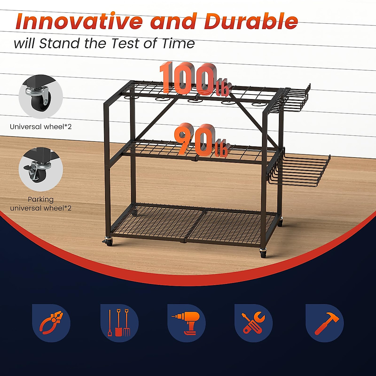 Keeswin Garden Tool Organizer with Wheels, 3 Tier Large Garage Tool Storage Organizer,Up to 50 Long-Handled Tools, 4 Drills Holder with 10 Hooks, 10 for Screwdrivers, Large (31.5''D x 25" W x 16" H)