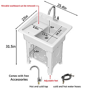 Freestanding Plastic Laundry Sink with Washboard, W25.4" x D22" x H31.5" Indoor and Outdoor Utility Sink with Cold and Hot Water Faucet, Hoses and Drain Kit for Laundry Room, Garage, Basement, Garden