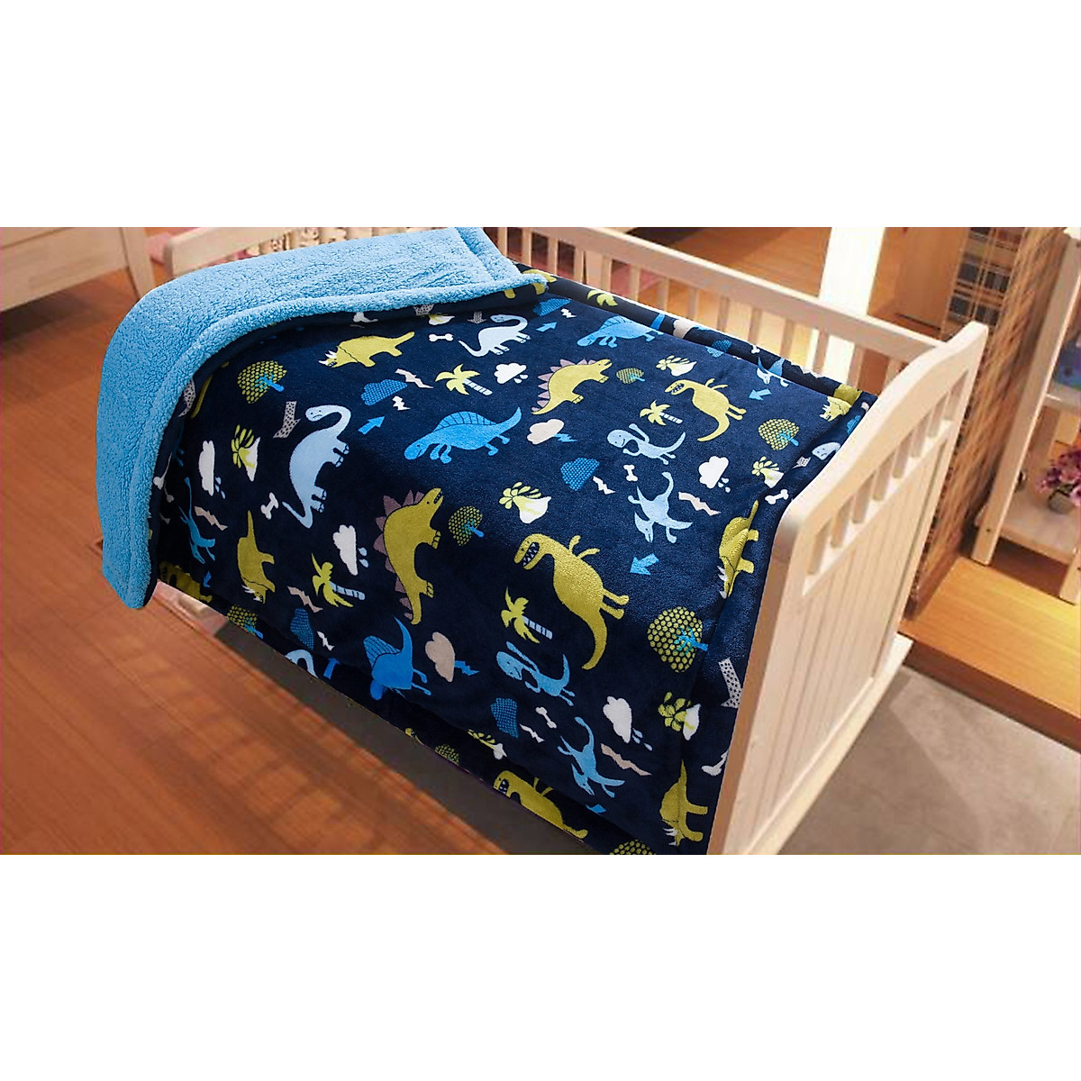 Golden Linens Baby Infants Printed Sherpa Borrego Ultra Soft Warm Throw Blanket Bed Cover 40" X 50" Navy Blue Dinosaur