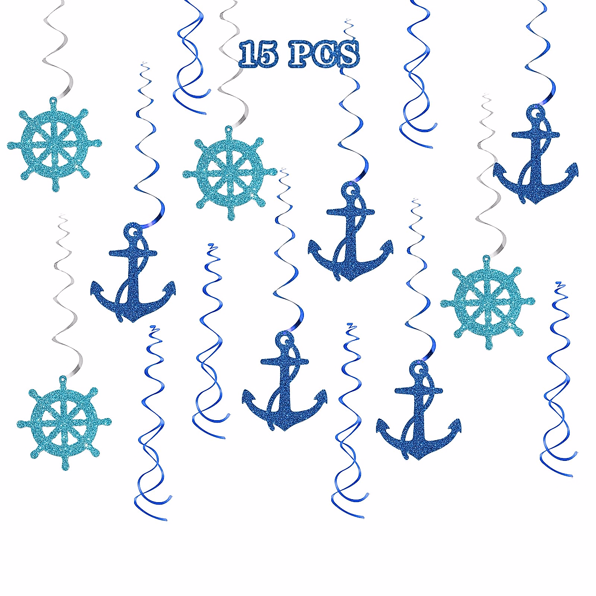 Maicaiffe Nautical Hanging Swirl Decorations - Glitter 15 Pcs Ship Anchor Baby Shower Party Supplies - Wedding - Engagement - Birthday Streamers - Nautical Sailor Party Foil Swirls Ceiling Decorations