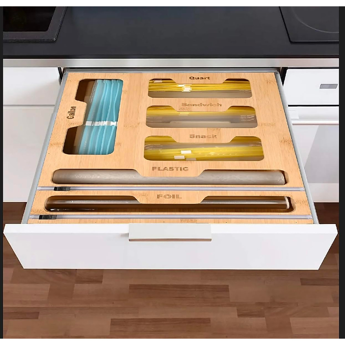 Generic Bag Storage Organizer for Kitchen Drawer, 6 in 1 Foil and Plastic Wrap Dispenser with Cutter, Bamboo Plastic Bag Food Baggie Organizer, brown, M-4hf01