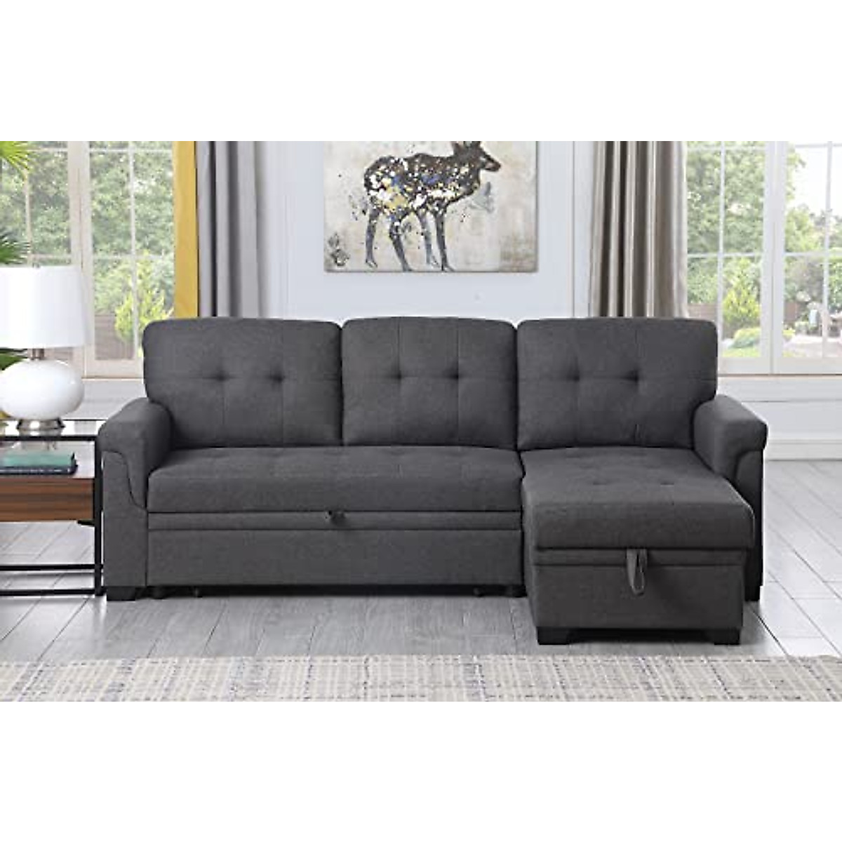 RITSU L-Shape Dark Gray Corner Couch with Storage Chaise, Linen Reversible Fabric Sleeper Sectional Sofa with Arms for Living Room, Apartment, Home Furniture, Dorm