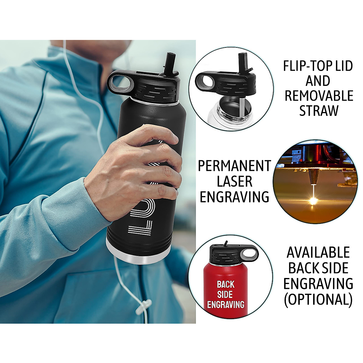 Personalized Water Bottles 32oz with Flip-Top Lid and Straw, Customized Vacuum Insulated Flask, Stainless Steel Sports Double Wall Thermos, Your Logo Name and Text Engraved in USA (Black, 32 oz.)