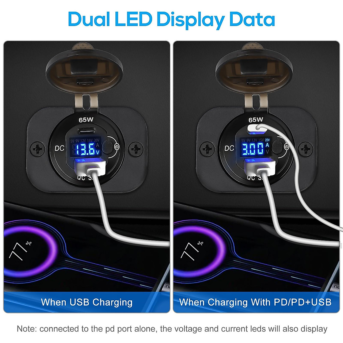 Linkstyle USB Charger Socket, 36W QC3.0 USB A & 65W USB C Socket with Dual Display Voltmeter Voltage for 12/24V Car Marine