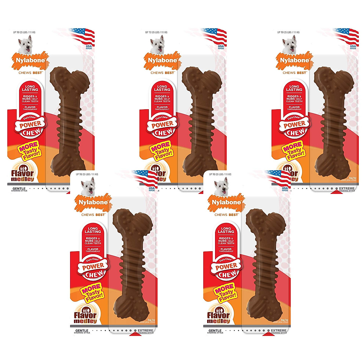 Nylabone 5 Pack of Power Textured Bone Dog Toys, Regular, Flavor Medley Infused Chew Toy