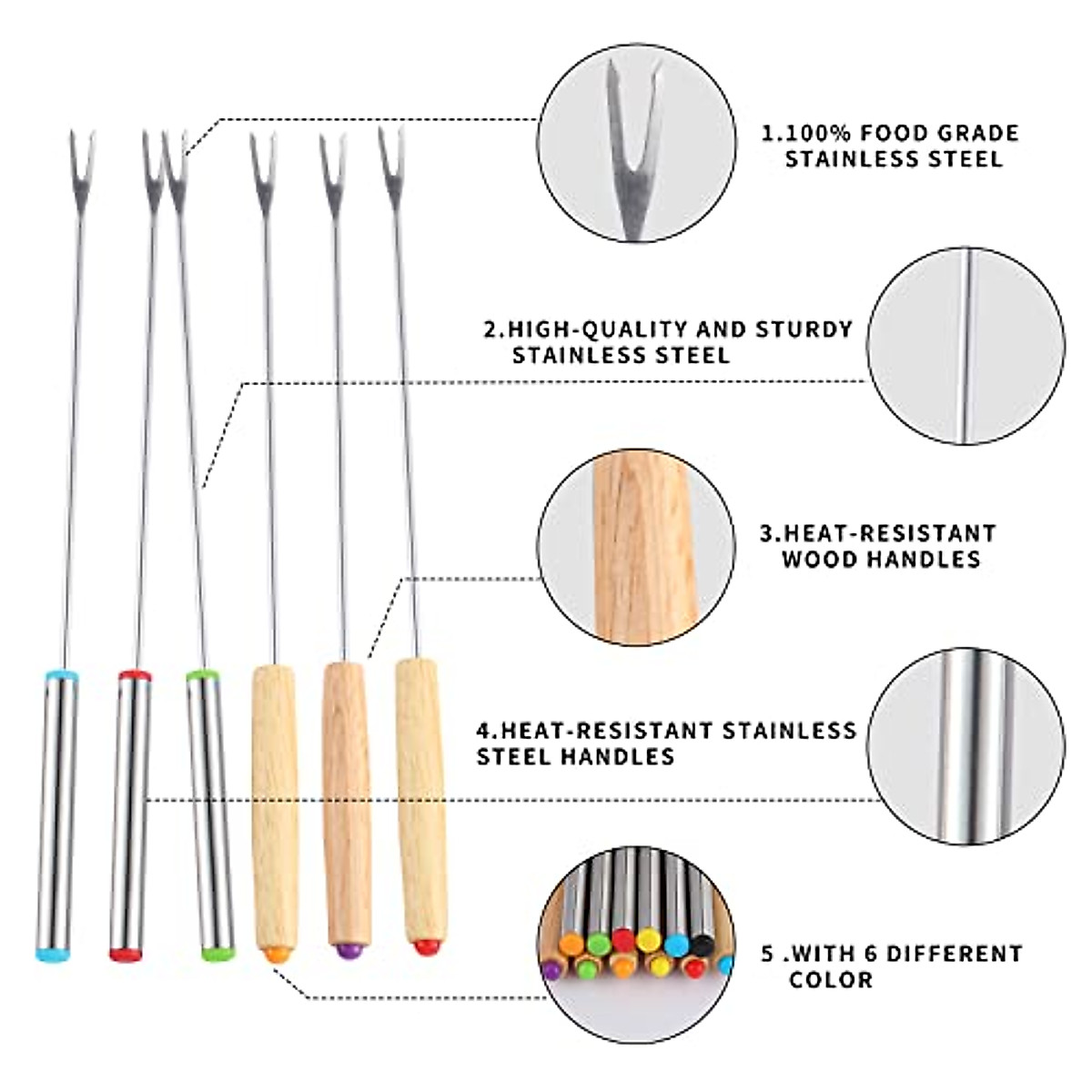 24 Pack 9.6 Inch Stainless Steel Fondue Forks, 12 Wood Handles and 12 Stainless Steel Handles, Heat Resistant Smores Sticks for Roast Meat Chocolate Dessert Cheese Marshmallows (6 Colors)
