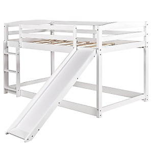 Low Bunk Beds Twin Over Twin Bunk Bed with Slide Wood Bed Frame for 2 Kids Toddlers Boys Girls Teens, White
