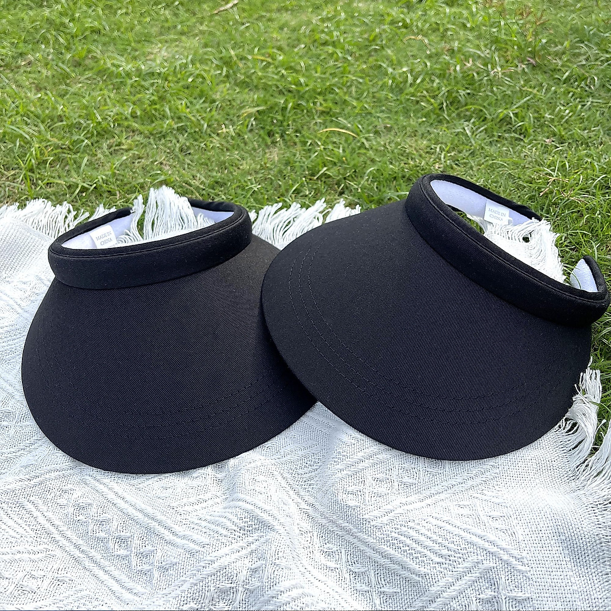 2 Pack Visors Hat Women Cloth Wide Brim Clip on Summer Golf Hats Hiking Running Adjustable UV Protection Outdoor (2pcs,Black)