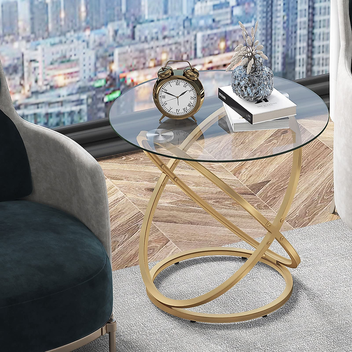 OIOG Gold End Table, Glass End Table for Living Room, Round Side Table with Storage, Modern Accent Table for Small Space, Nightstand for Bedroom