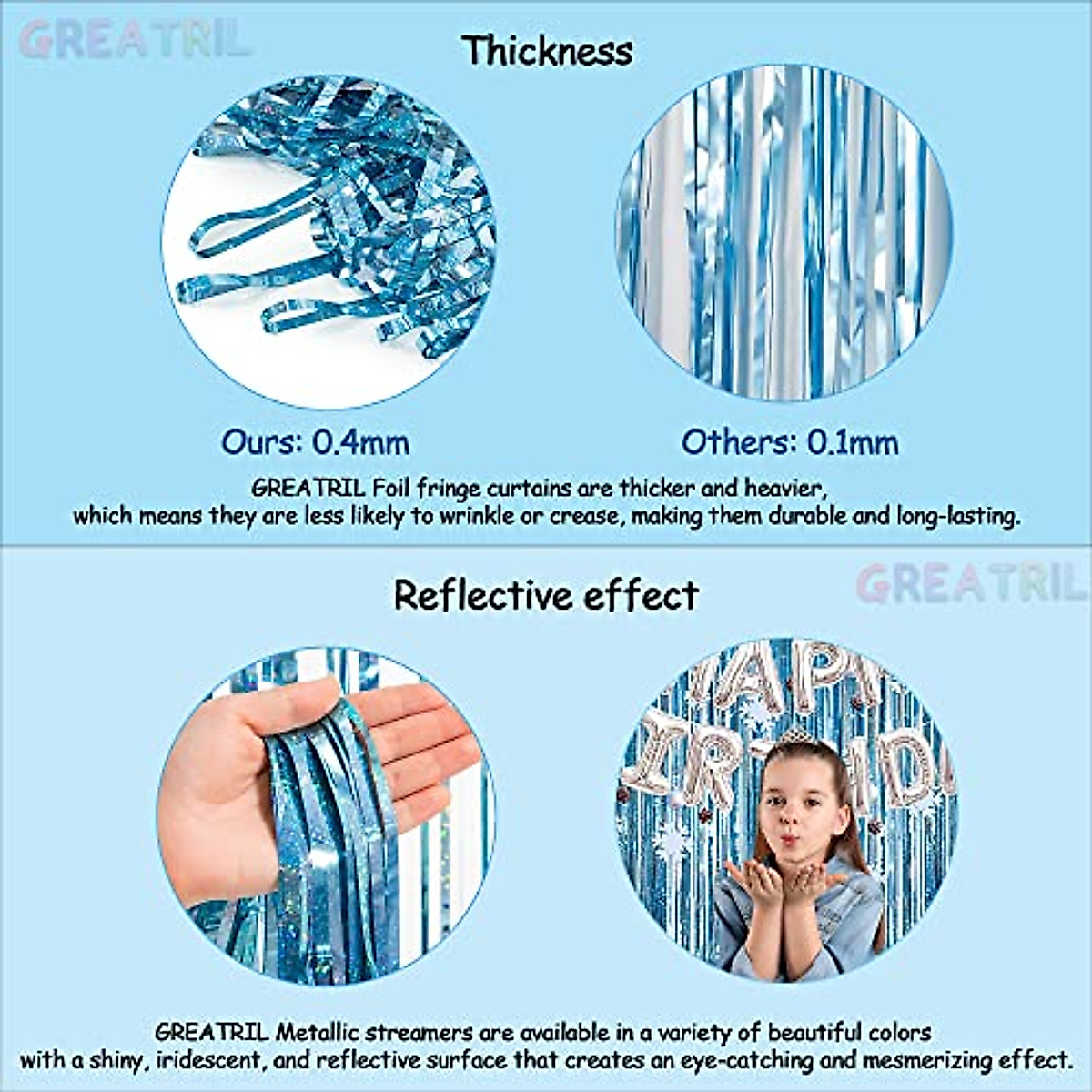 Blue Tinsel Curtain Party Backdrop - GREATRIL Foil Curtain Party Decor Photo Streamers Backdrop for Birthday/Baby Shower/Mermaid/Under The Sea/Ocean/Frozen Party Decorations - 1m x 2.5m - Pack of 2