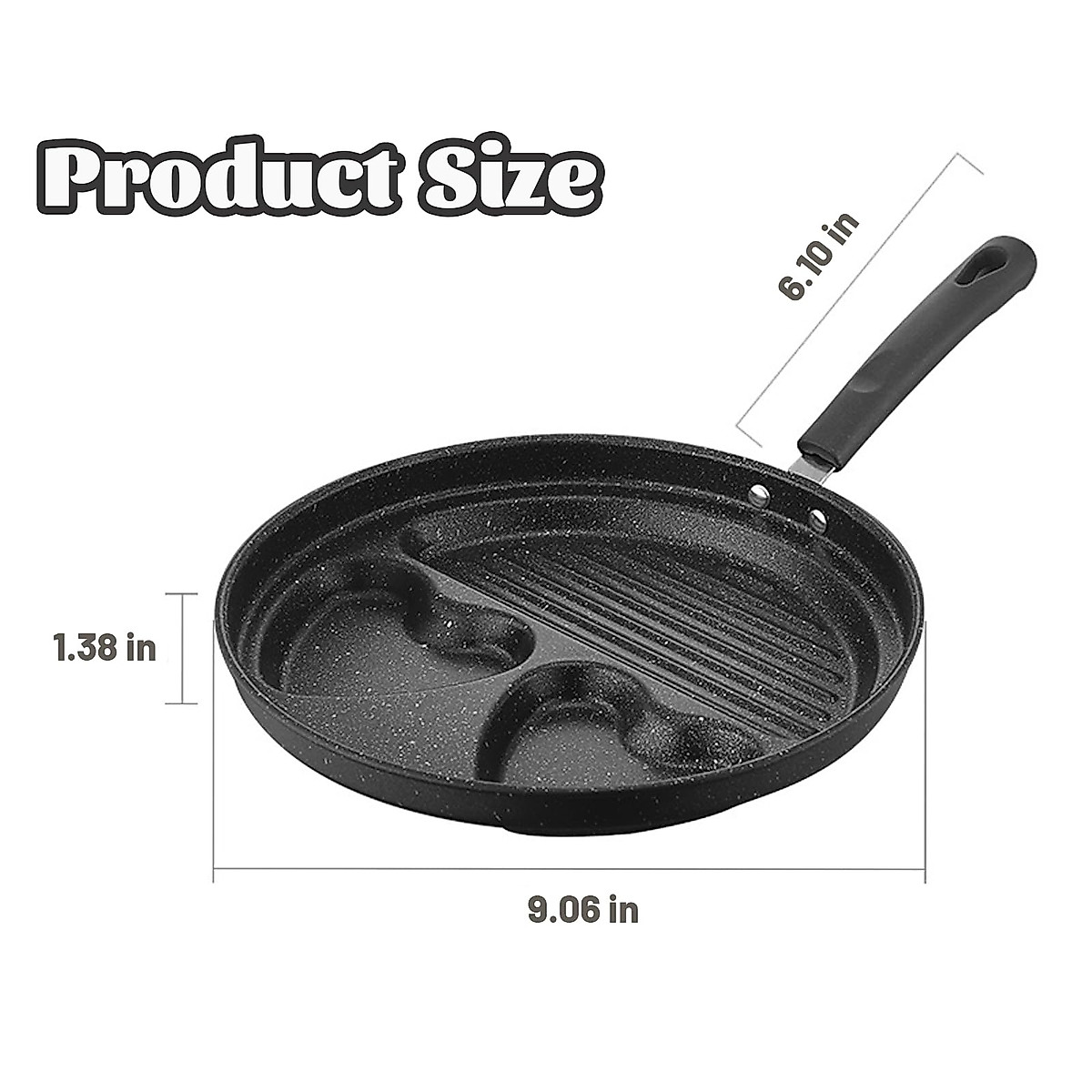 Egg Frying Pan, 3 In 1 Nonstick Egg Steak Pan for Home, Divided Omelette Pan Flat Bottom for Pancakes, Bacon&Sausage,Healthy Coating Cookware Skillet Pan for Gas Stove and Induction Cooker (Black)