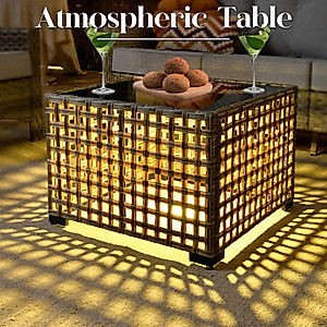 CAODOC Patio Furniture,All Weather Wicker 5 PCS Outdoor Sofa with High Back Swivel Rocker Chairs,Conversation Set with Solar Powered Coffee Table,Grey Rattan Beige Cushion