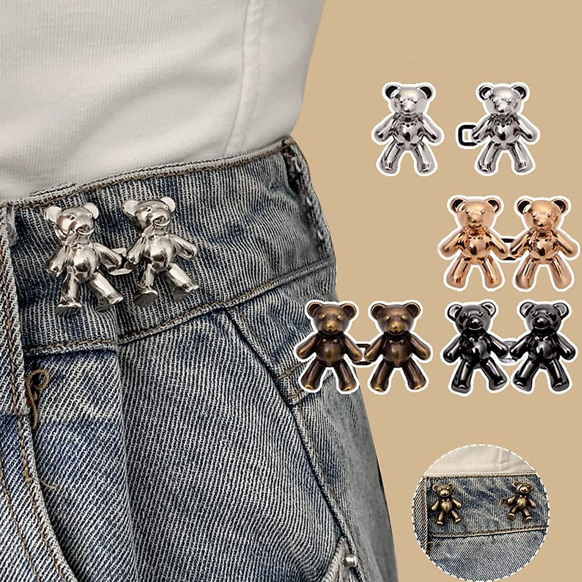 Thinslimer 8 Pairs Cute Bear Jeans Button Pins No Sew Detachable Waist Body Fit Tighten Buckles Perfect Girl's Gifts for Women Skirt Pant Jeans, Metal