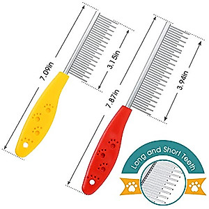2 Pieces Pet Hair Buster Comb Small Pet Grooming Comb Stainless Steel Long and Short Teeth Comb for Small Animals Rabbits Hamsters Guinea Pigs, Red and Yellow