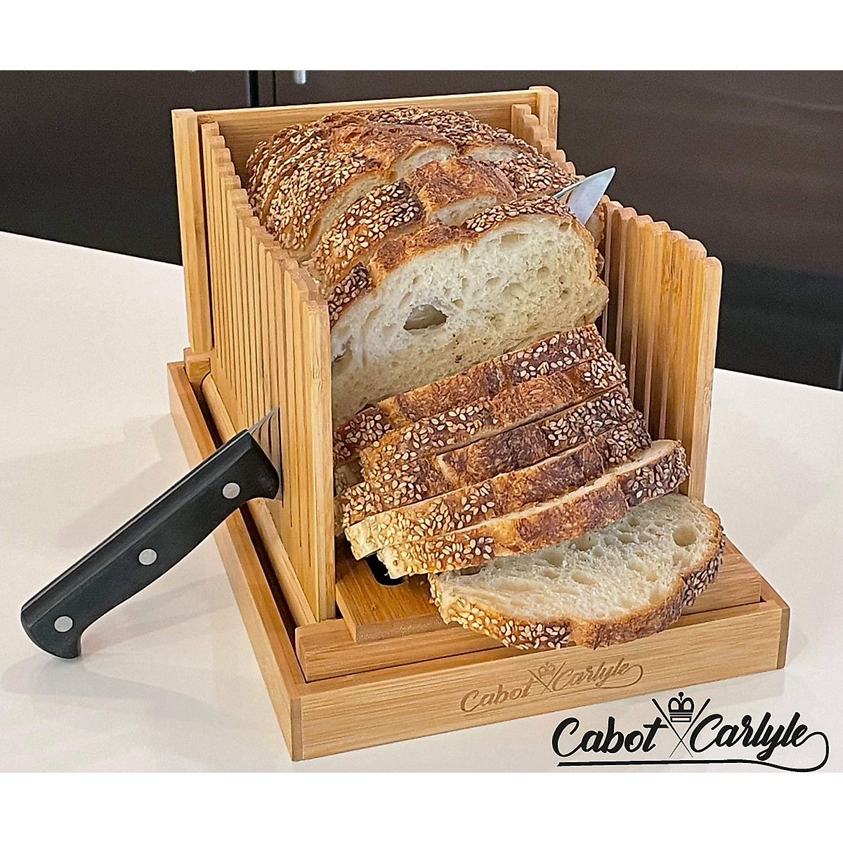 Bread Slicer Premium Bamboo Bread Slicers For Homemade Bread Cutting Guide for Homemade Bread Baking Supplies Bread Cutter Cake Slicer Bagel Slicer Foldable and Compact with Crumb Tray