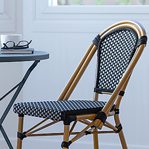 Merrick Lane Sacha Bistro Chair - Black & White Woven PE Seat and Back - Bamboo Finish Aluminum Frame - for Indoor/Outdoor Use - Set of Two