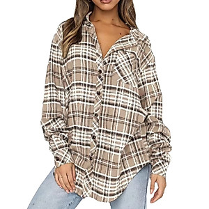 Zontroldy Womens Flannel Plaid Shirts Oversized Long Sleeve Button Down Buffalo Plaid Shirt Blouse Tops (0888-Apricot-M)
