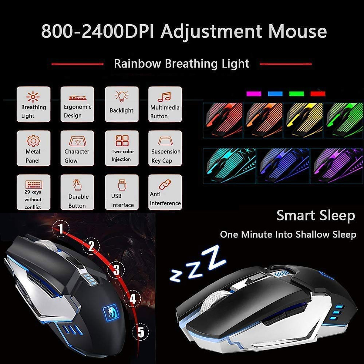 Rechargeable Gaming Keyboard Mouse Combo,2.4G Wireless,16 Kinds of RGB LED Backlit,Mechanical Feeling Keyboards with Knob Control,2400dpi Ergonomic Mouse with 7 Color Breathing LED Light (Black RGB)