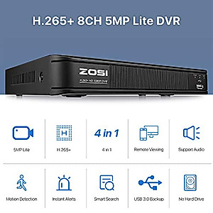 ZOSI H.265+1080p Home Security Camera System,8 Channel 5MP-Lite CCTV DVR with 4 x 1920TVL Weatherproof Surveillance Bullet Camera Outdoor/Indoor with 80ft Night Vision,Remote Access, Motion Alerts
