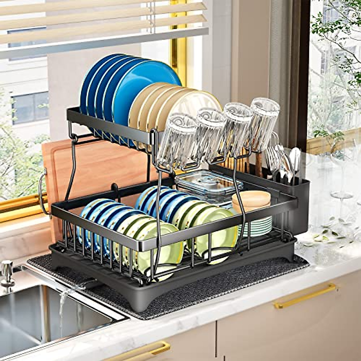 Dish Drying Rack, Detachable 2 Tier Dish Rack and Drainboard Set, Large Capacity Dish Drainer Organizer Shelf with Utensil Holder, Cup Rack, Extra Drying Mat for Kitchen Counter, Black