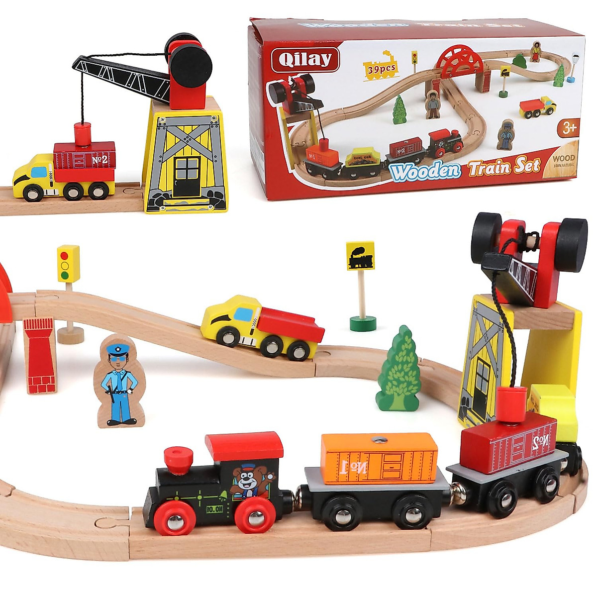 Qilay Wooden Train Set for Toddler - 39 Pcs Wooden Train Tracks with Crane, Bridge & 5 Wooden Trains - Train Toys for 3,4,5 Year Old Boys & Girls - Fit All Major Bands Train Tracks Set