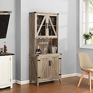 Home Source 72" Tall Wood Kitchen Storage cabinets with Doors, Transparent Glass Doors, Wine Cup Holder, Liquor Shelves Large Storage Pantry Pantry for Kitchen, Bar, Living Room
