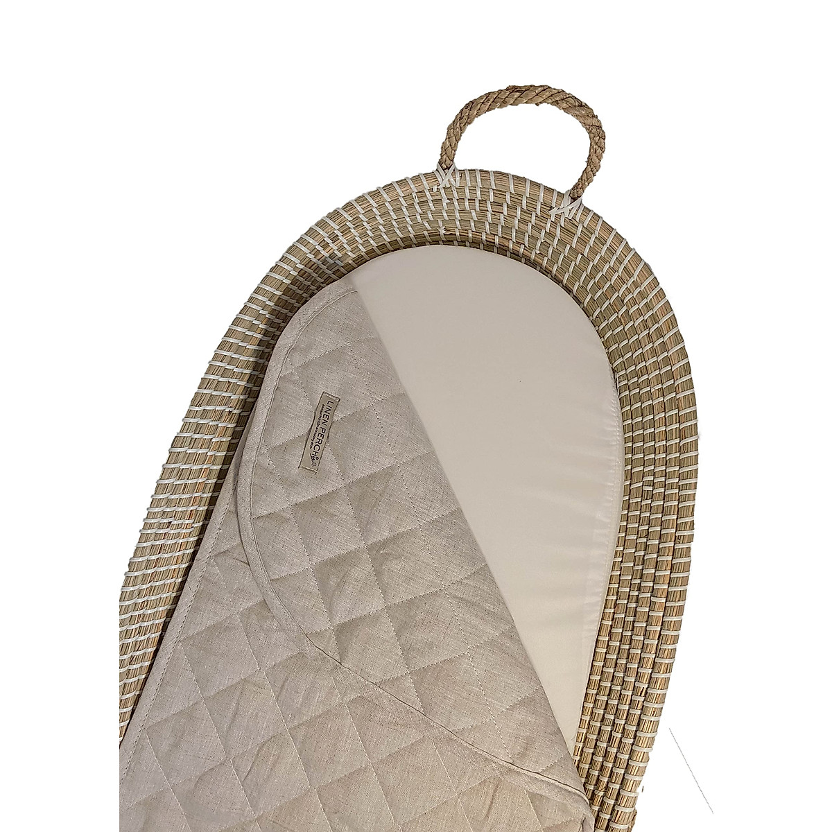 Baby Changing Basket with Pad - CPSC Safety Compliant - 100% Quilted Linen Cover Included - Nursery Changing Table Baskets - Baby Moses Basket Inspired - Diaper Changing Pad Set - 32”x16“x4“ (Linen)