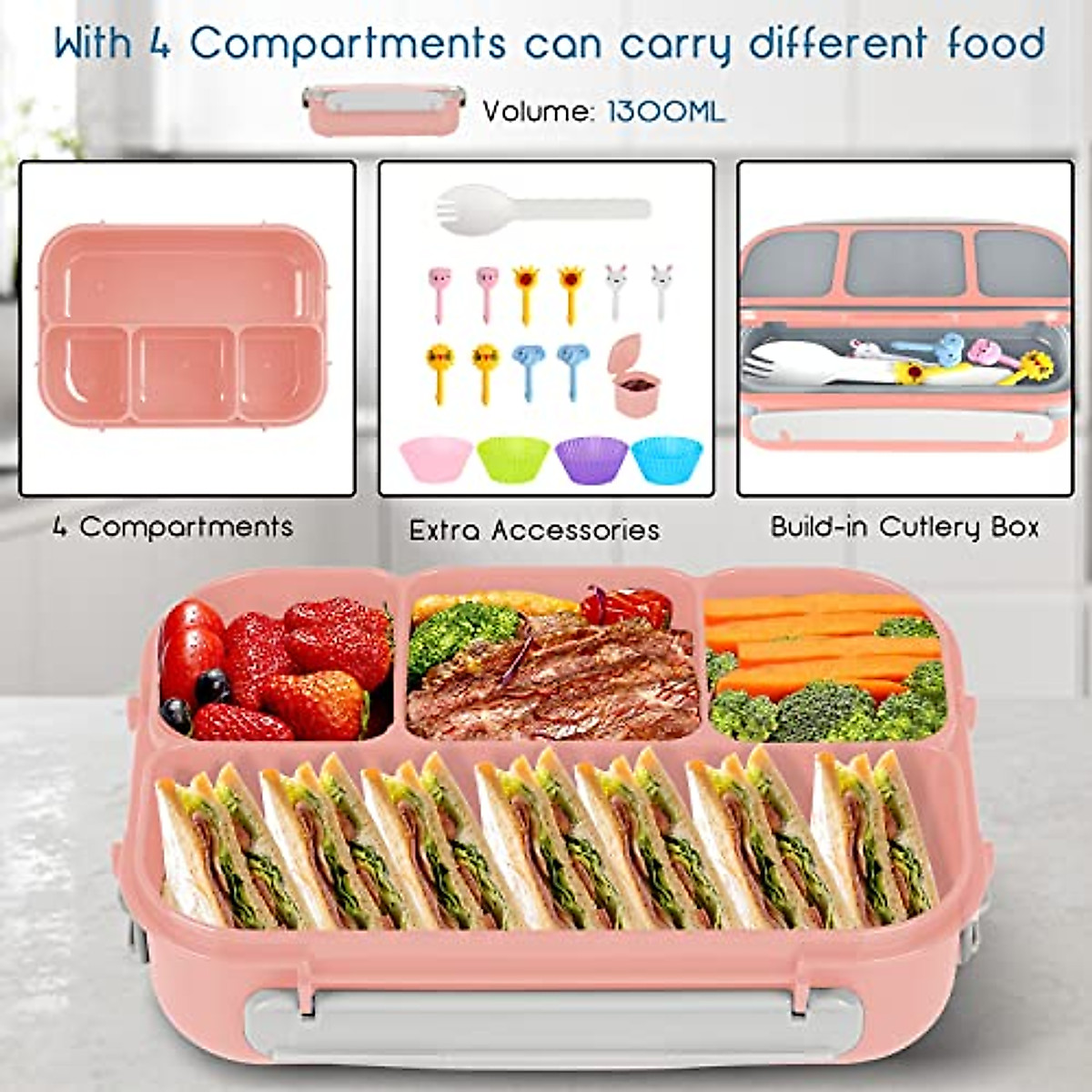Zekloca Bento Box, 1300ML 4 Compartment Lunch Box Kids, Leak-Proof Design, Microwave/Dishwasher/Freezer Safe, BPA Free, Pink