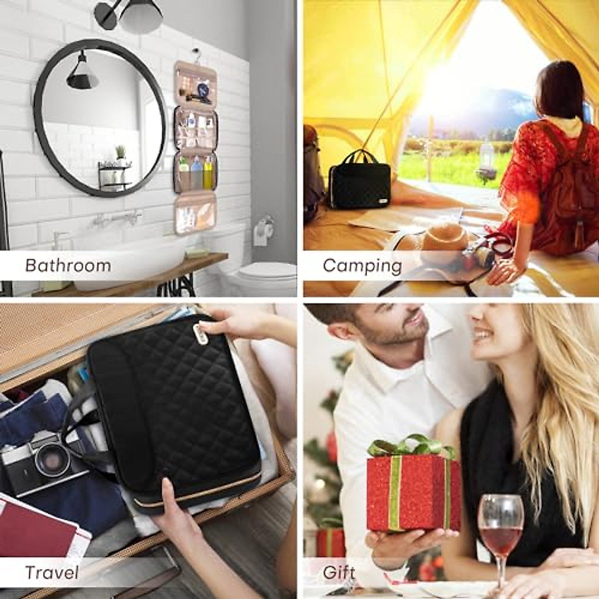 ESMNOAN Travel Toiletry Bag for Women with Hanging Hook,TSA Approved Travel Organizer for Shampoo,Full Sized Container,Makeup Brushes Set,Portable Travel-Size Toiletries Accessories, Black