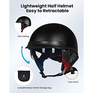 ILM Half Helmet Motorcycle Open Face Sun Visor Quick Release Buckle DOT Approved Cycling Motocross Suits Men Women Model-205V (L, Matt Black)