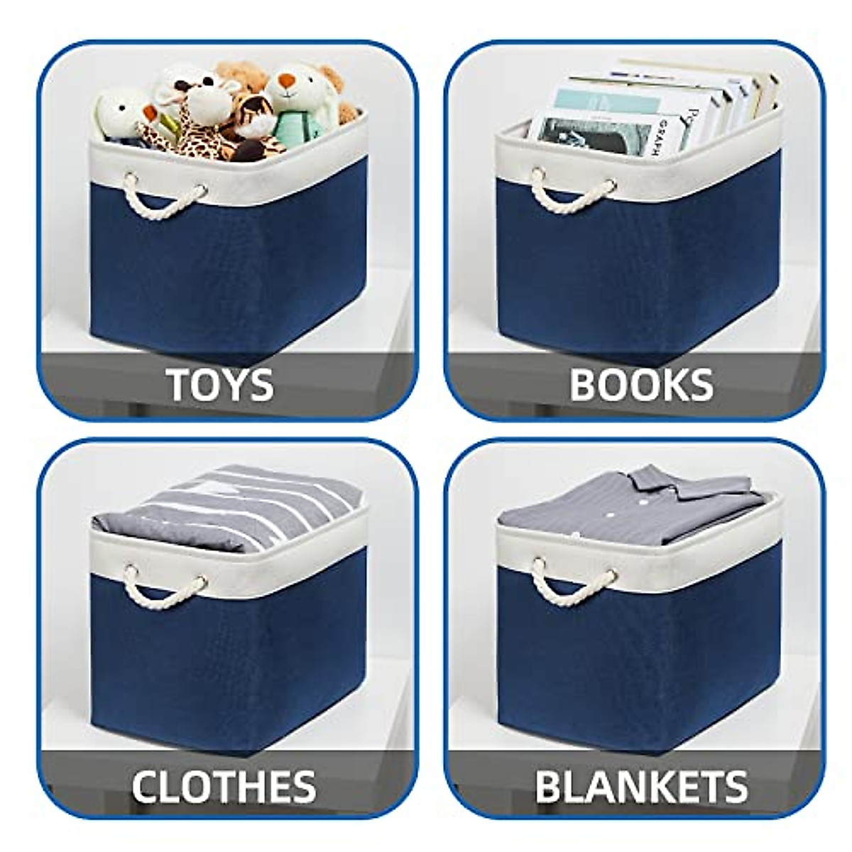 Temary Storage Baskets for Shelves, 2 Pcs Fabric Storage Bins Empty Gift Baskets for Organizing Clothes, Toys, Books, Decorative Basket with Rope Handles (White&Blue,16Lx12Wx12H Inches)