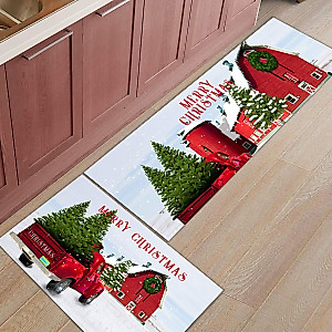 Big buy store Kitchen Rug Sets 2 Piece Christmas Barn Red Truck Non Slip Anti Fatigue Floor Mats Winter Farmhouse Comfort Soft Absorb Cushioned Standing Doormat Runner Rugs (19.7x31.5+19.7x47.2 inch)
