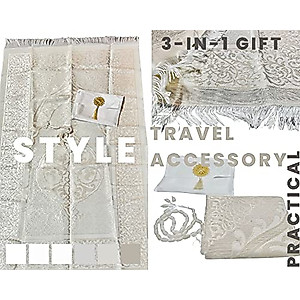 Islamic Prayer Mat, Turkish Prayer Rug with Pouch and Ornament Sealing, Portable Prayer Mat with Handy Pouch, Islamic Carpet Pad Ideal for Travelling (44" x26” with Free Tasbeeh) (White)
