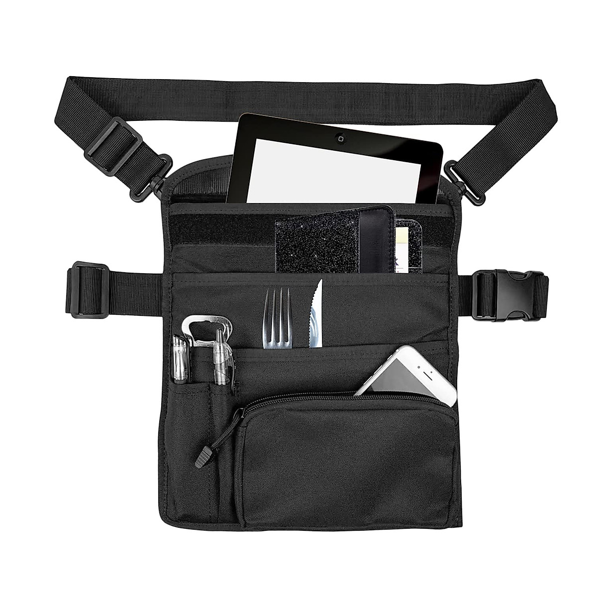 HGNUTAY Server Apron Waiter waitress Server Apron Pouch with Removable Money Restaurant Water-resistant Apron Bag with Adjustable Shoulder Strap and Waist Belt for Tip, Change, IPad, Tablet, Black