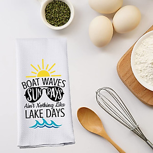 PWHAOO Lake Kitchen Towel Boat Waves Sun Rays Kitchen Towel Lake Life Tea Towel Lake Days Gift (Boat Waves Sun T)