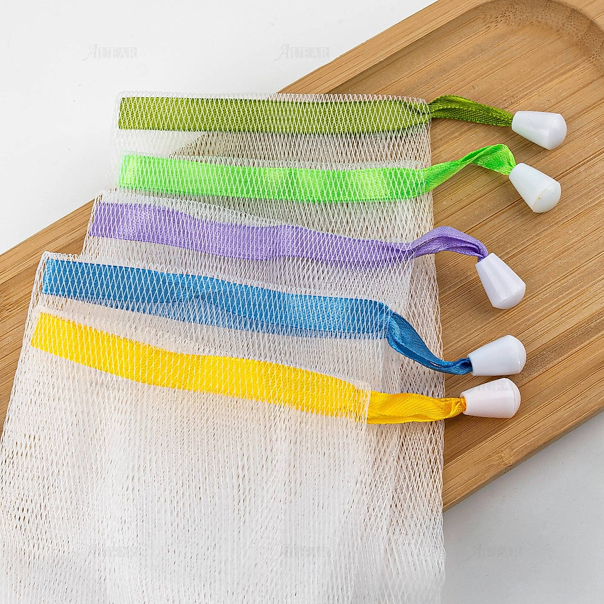 AUEAR, 20 Pack Handmade Soap Exfoliating Mesh Pouch Saver Bag Double Layer Bubble Foam Net Drawstring Holder (Assorted Colors)