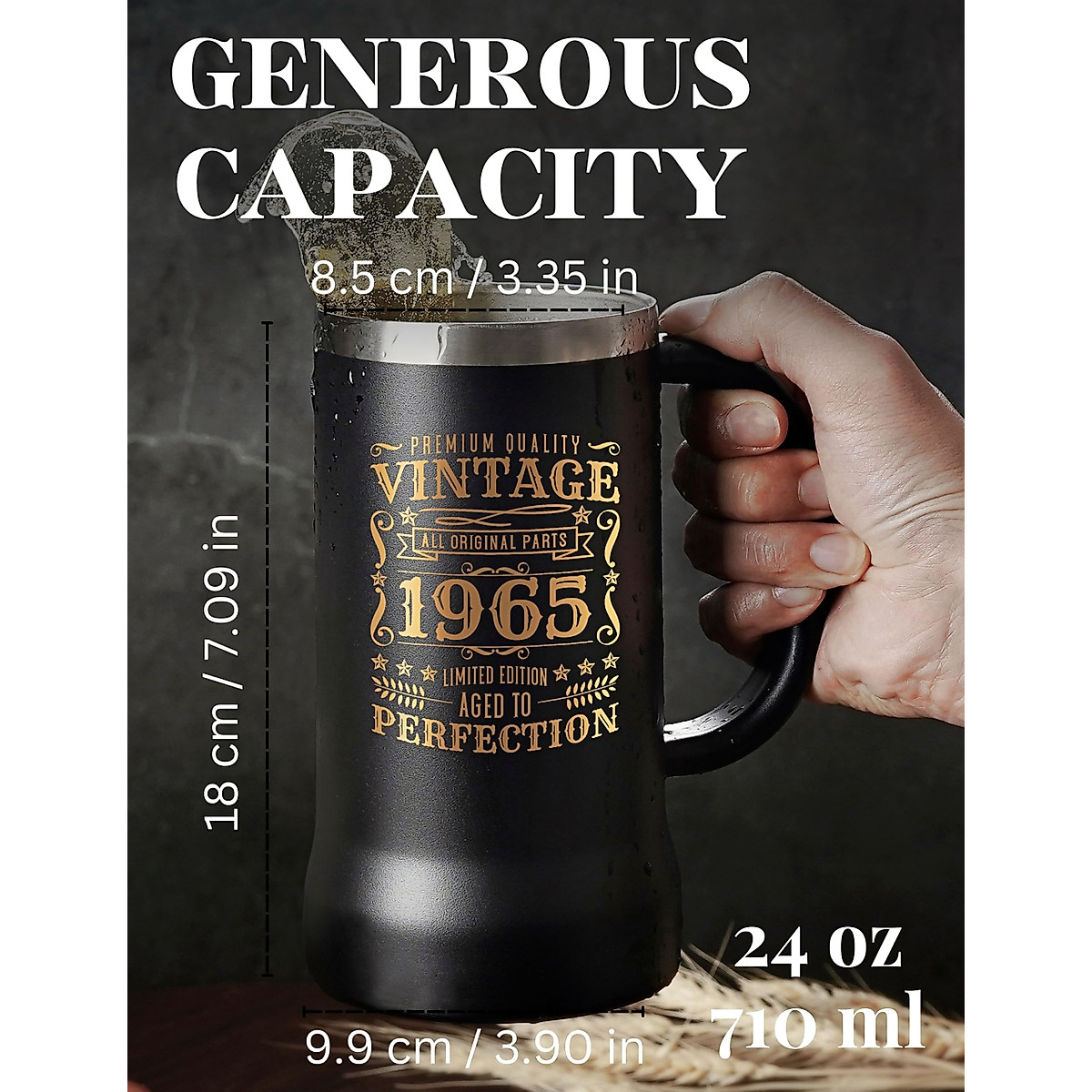 Onebttl 60th Birthday Gifts for Men, Dads, Grandfathers, Granddads, Husband, Uncles, Vintage 1965 Birthday Beer Stein, 24oz Stainless Steel Travel Mug, Black