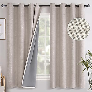 YoungsTex Linen Blackout Curtains for Bedroom, Thermal Insulated Full Room Darkening Curtains Natural Linen Textured Black Out Window Drapes, 2 Panels, 52 X 63 Inch, Beige