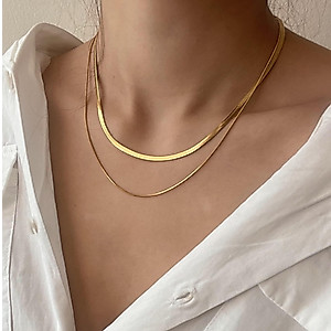 Tewiky 14k Gold Plated Herringbone Layered Necklace Set - Dainty Chain Choker for Women and Women