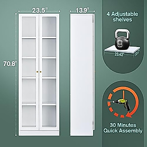IRONMIX Enclosed Bookshelf with Acrylic Door and Adjustable Shelves, 70 Inch Tall Storage Cabinet 5 Tier, Dust Proof Display Shelf for Home, Office - White